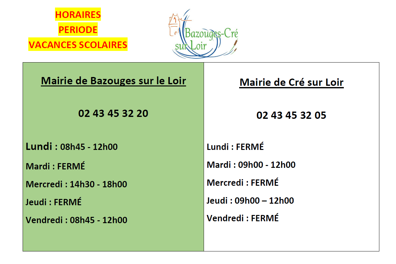 Ouverture des Mairies : Application des horaires "périodes vacances scolaires" > Bazouges-Cré ...