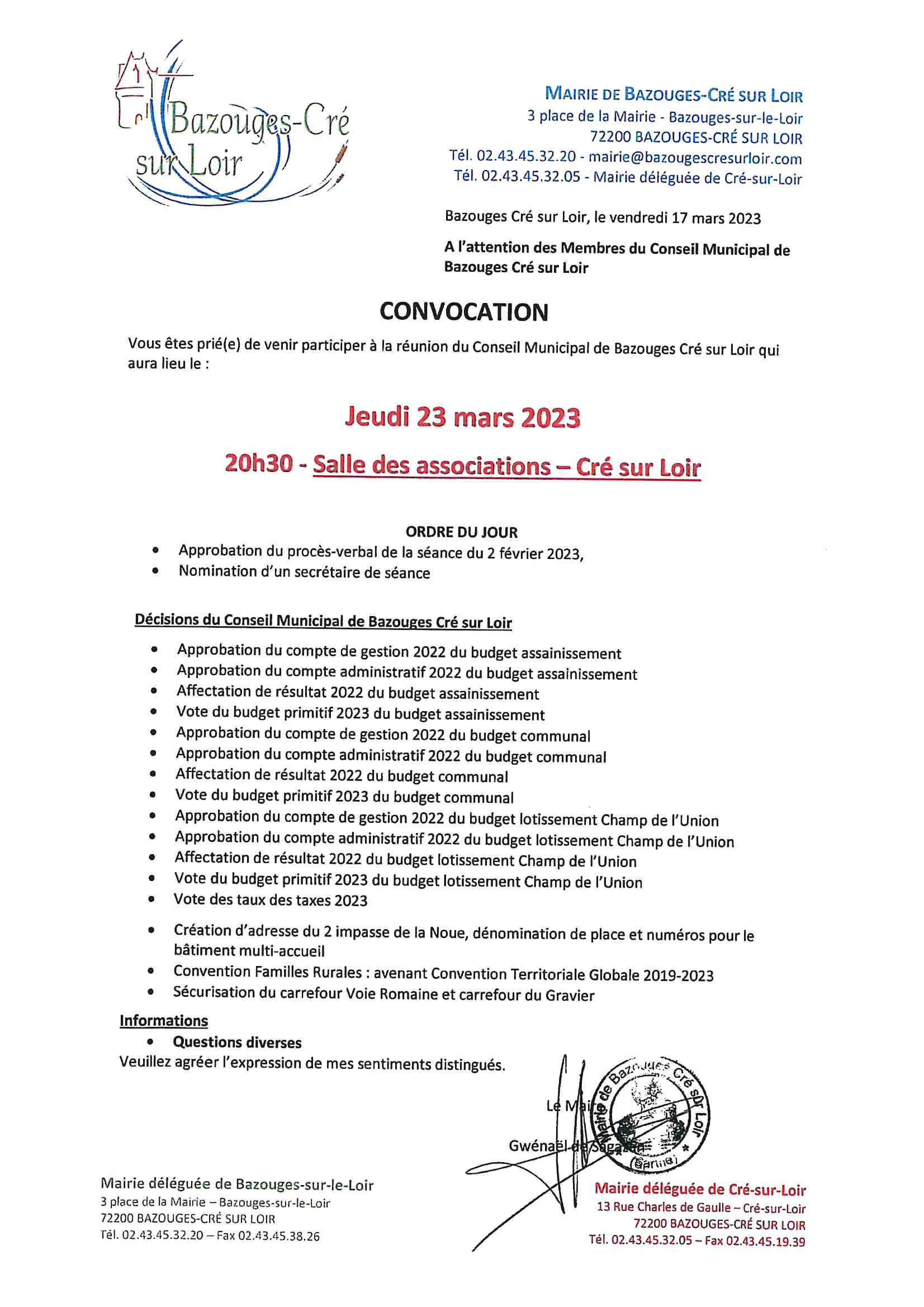 Conseil municipal de Bazouges Cré sur Loir jeudi 23 mars 2023 à 20h30 Salle des associations de ...