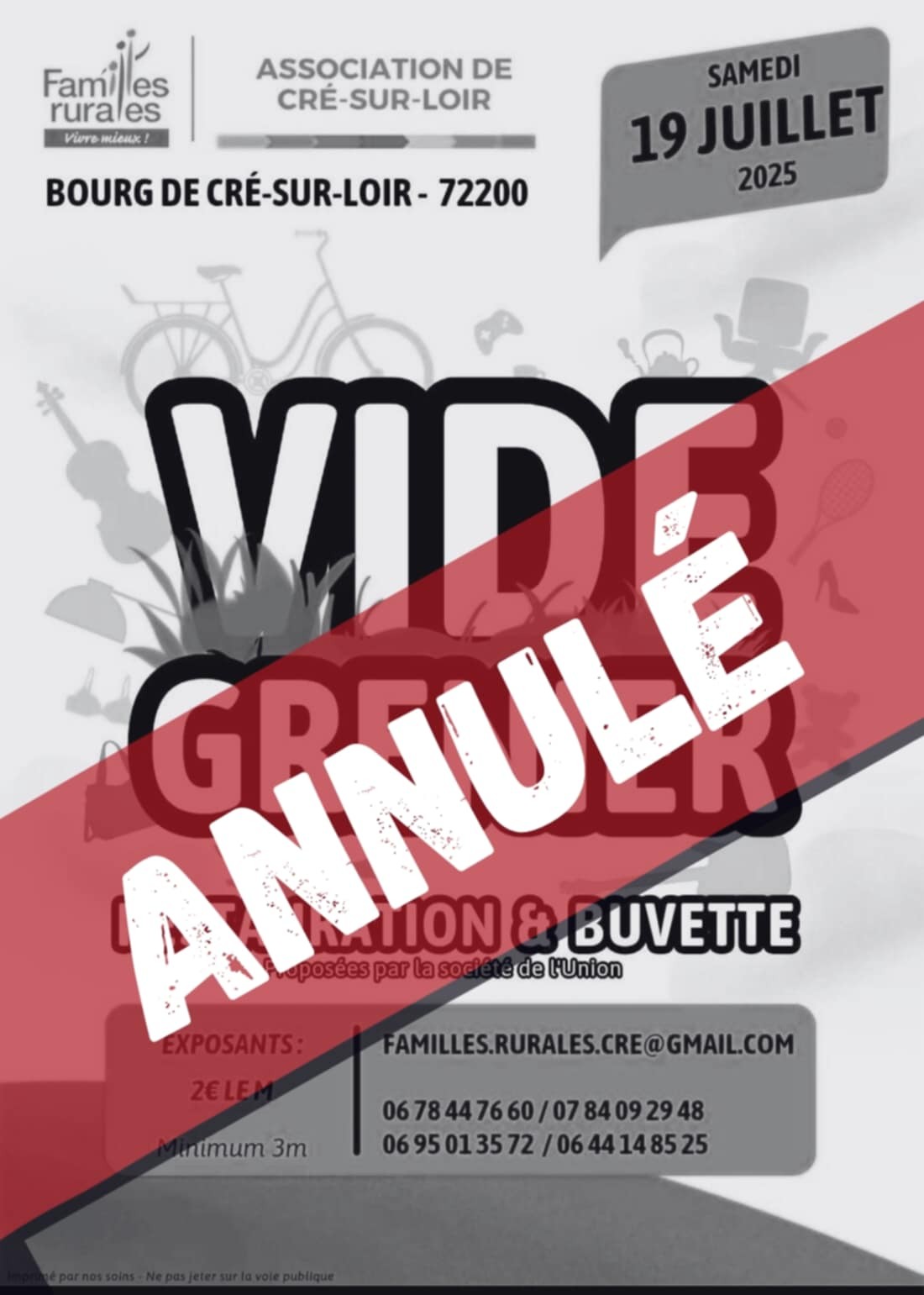 Annulation Vide Grenier 19 juillet 2025 > Bazouges-Cré sur Loir